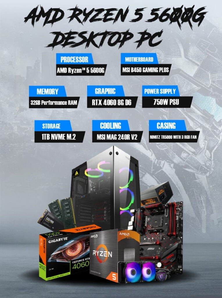 AMD Ryzen™ 5 5600G 32GB RAM 1TB NVME M.2 NIMITZ TR5000 WITH 3 RGB FAN ...